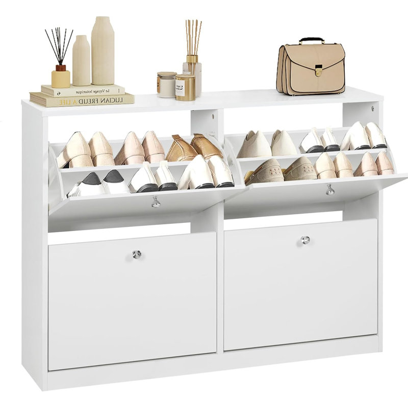 Shoe Storage Cabinet For Entryway 3 Tier Wood Shoe Organizer Cabinet With Flip Drawers Lnduction Led Light White Narrow Hidden Shoe Rack Cabinet